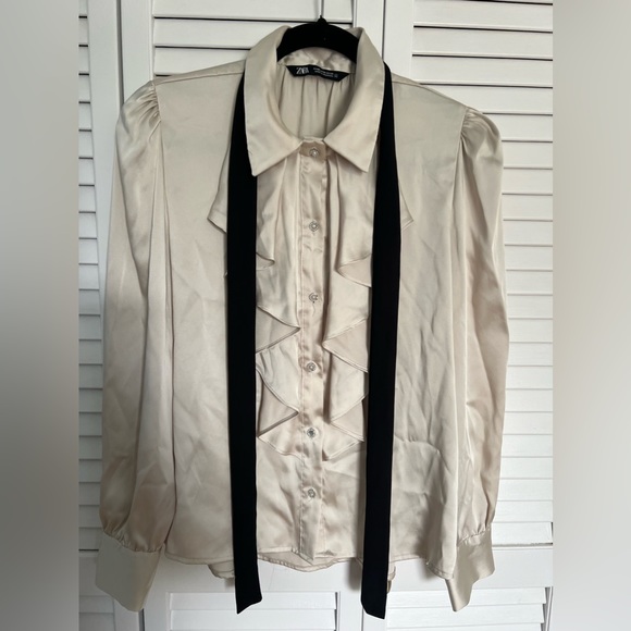 Zara | Tops | Zara Satin Blouse With Collared Jewel Button | Poshmark